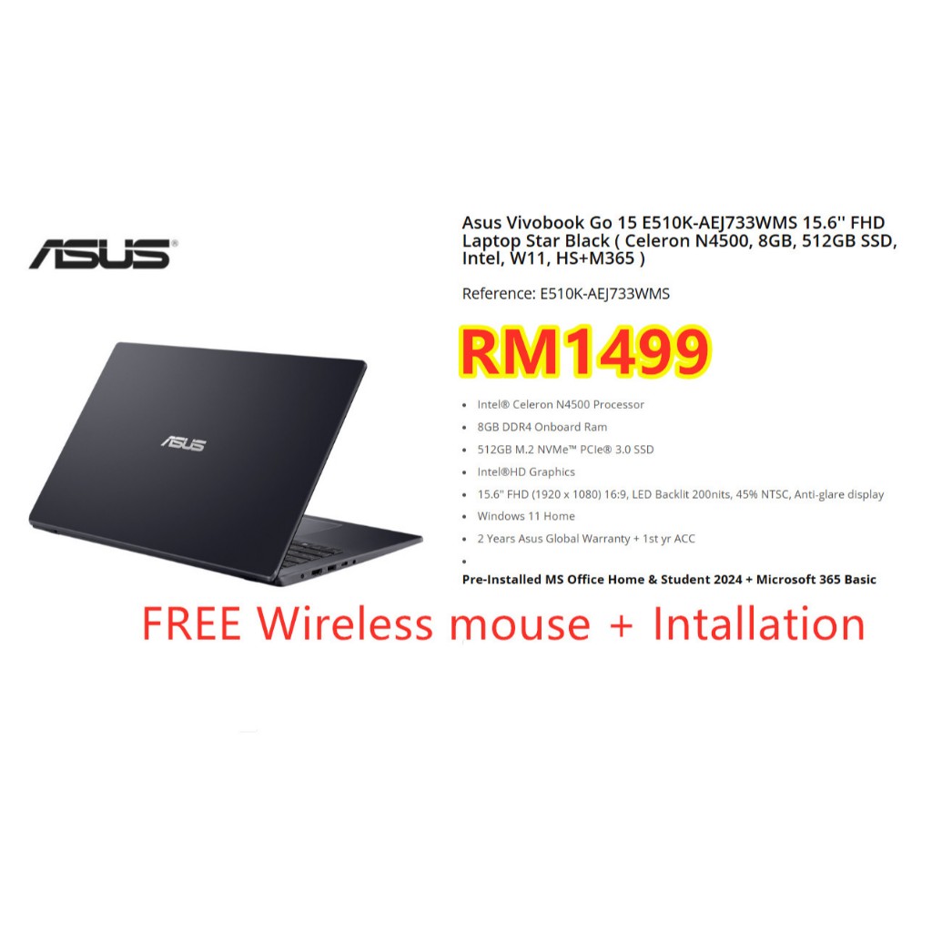 Asus Vivobook Go 15 E510K-AEJ733WMS 15.6'' FHD Laptop Star Black ...