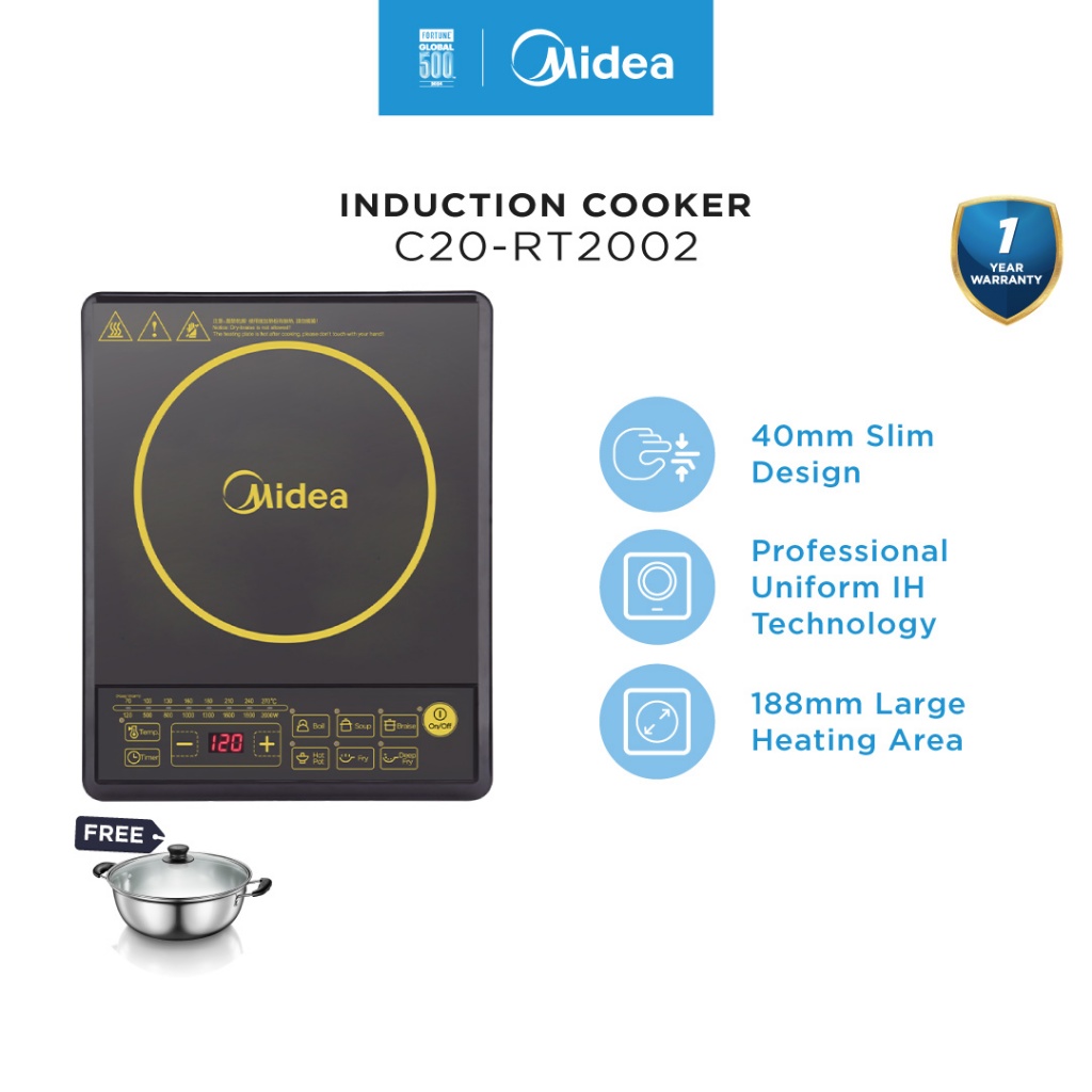 Midea C20-RT2002 2000W Glass Panel Induction Cooker With Touch Control ...