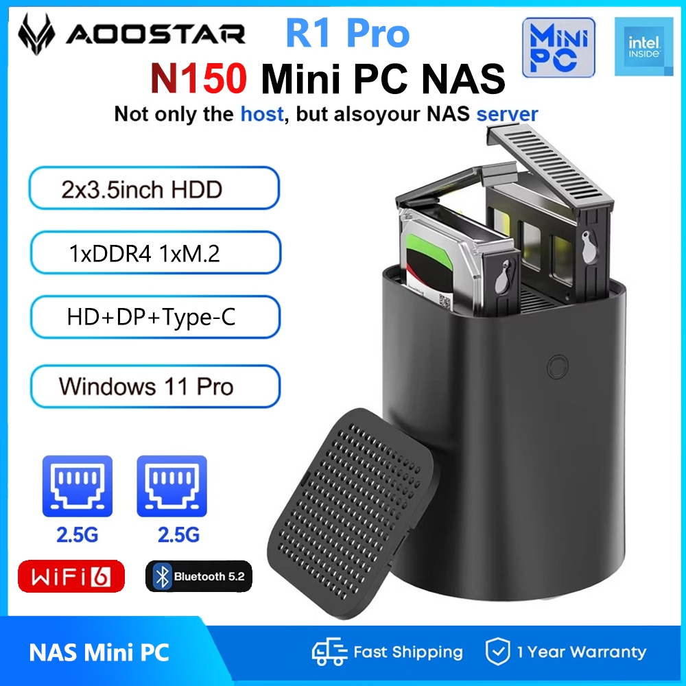 AOOSTAR R1 Pro N150 NAS DIY Home Server DDR4 32G 500GB NVMe SSD WiFi 6 ...