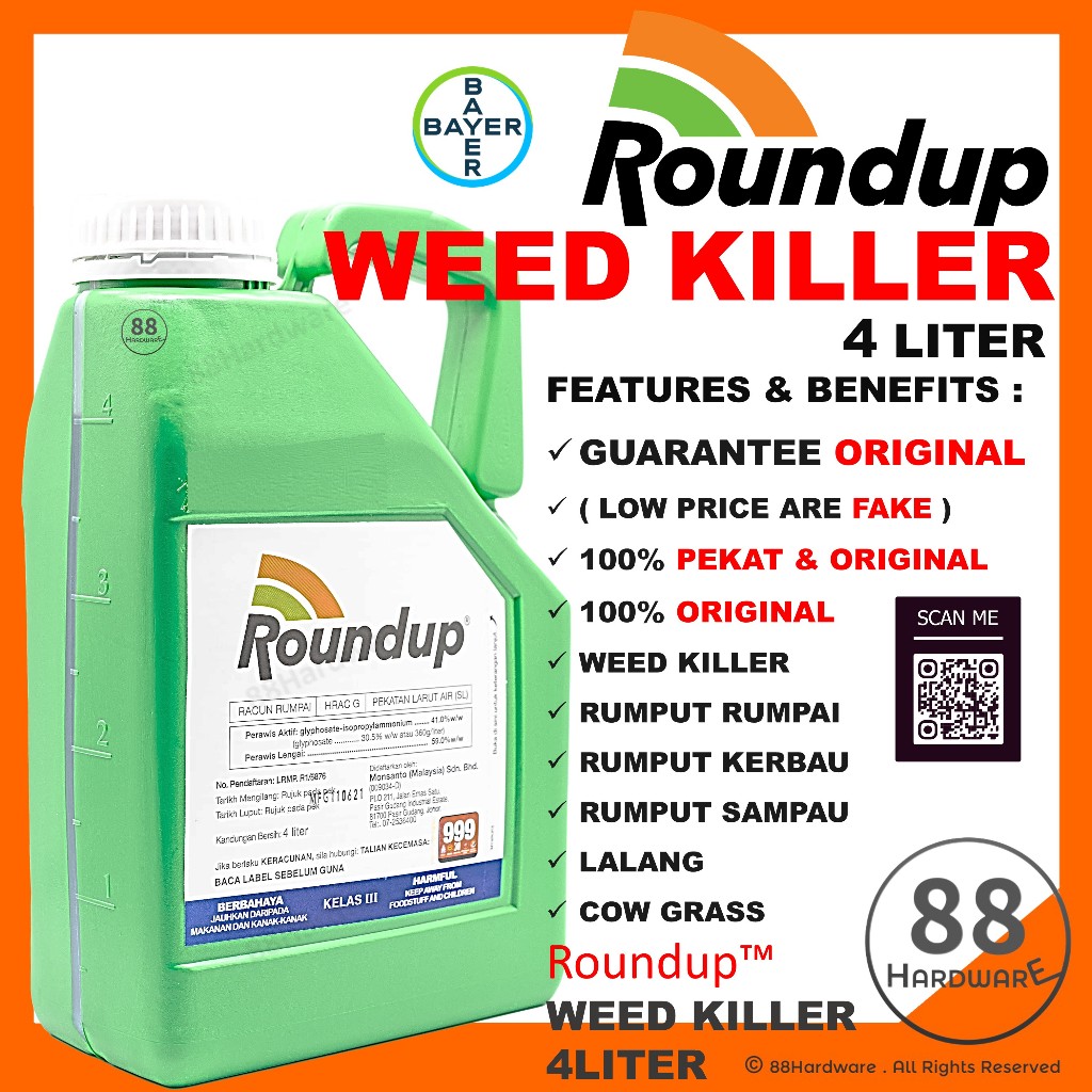 100% ORI 】4L ROUNDUP ORIGINAL weed killer Glyphosate 41% ( racun rumput ...