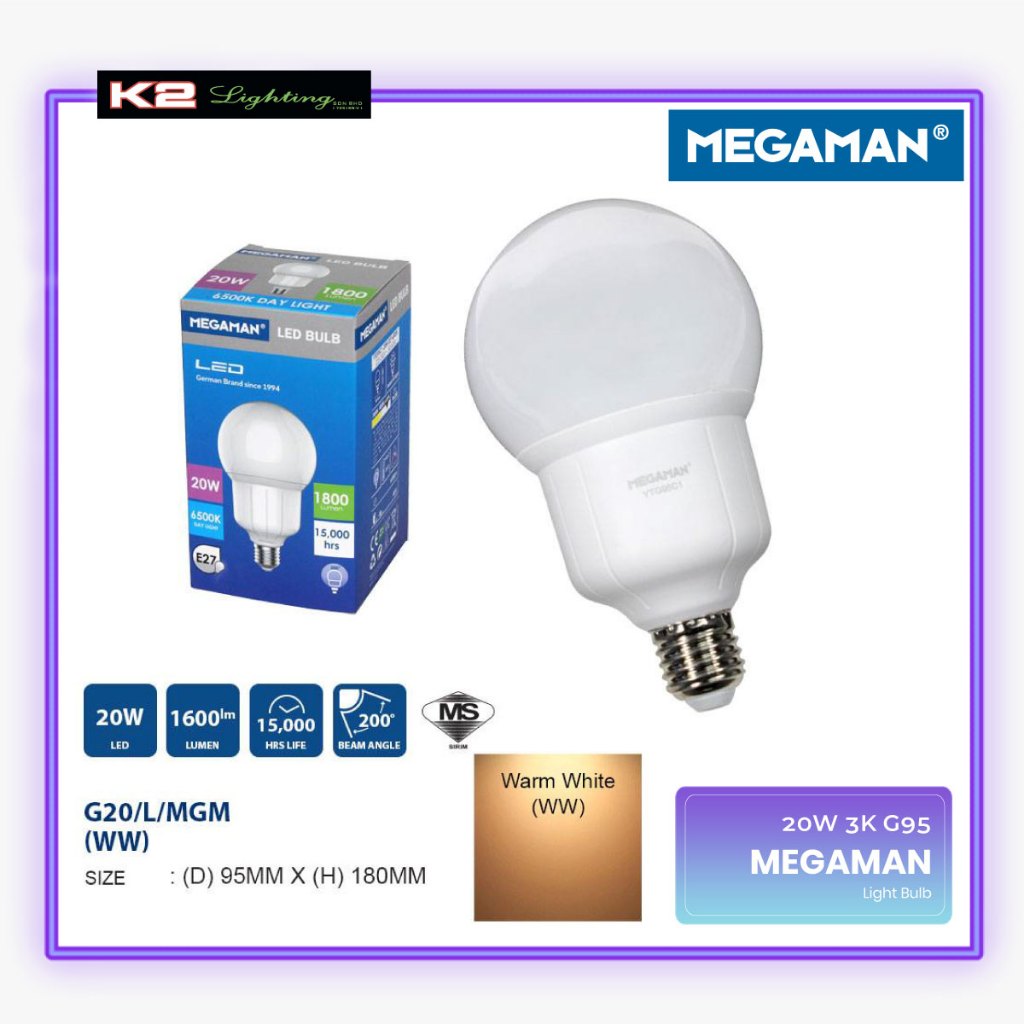 MEGAMAN 20W LED E27 Light Globe Bulb (3000K-Warm White/6500K-Daylight ...