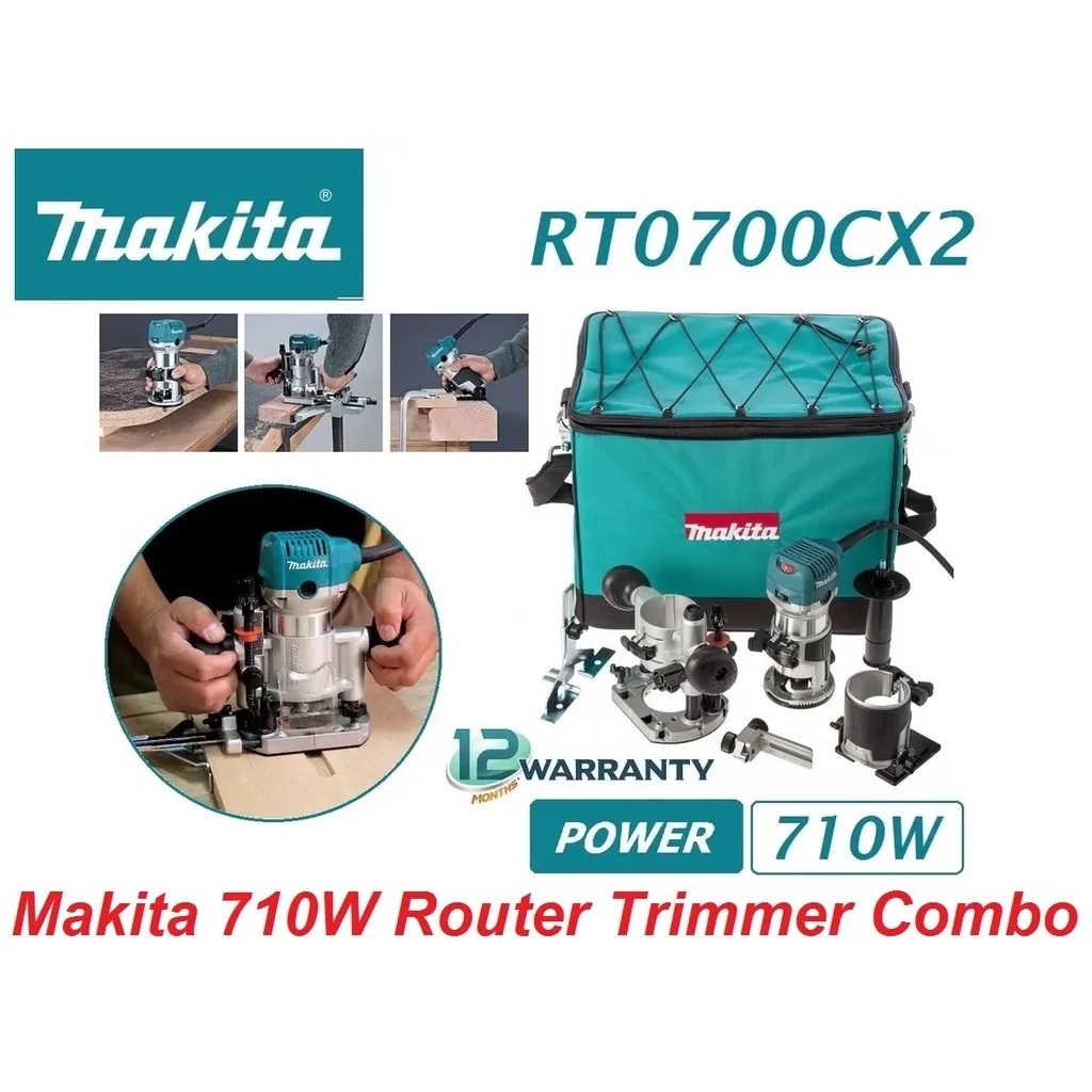 Makita 710W 6mm (1/4-in) / 8mm (3/8-in) Trimmer Router Kit RT0700CX2 ...
