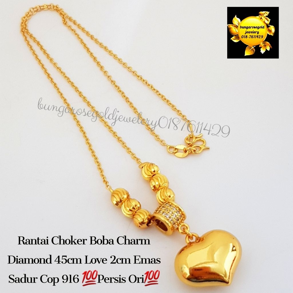 🔥Rantai Choker Boba Charm Diamond 45cm Love 2cm Emas Sadur Cop 916 💯 ...