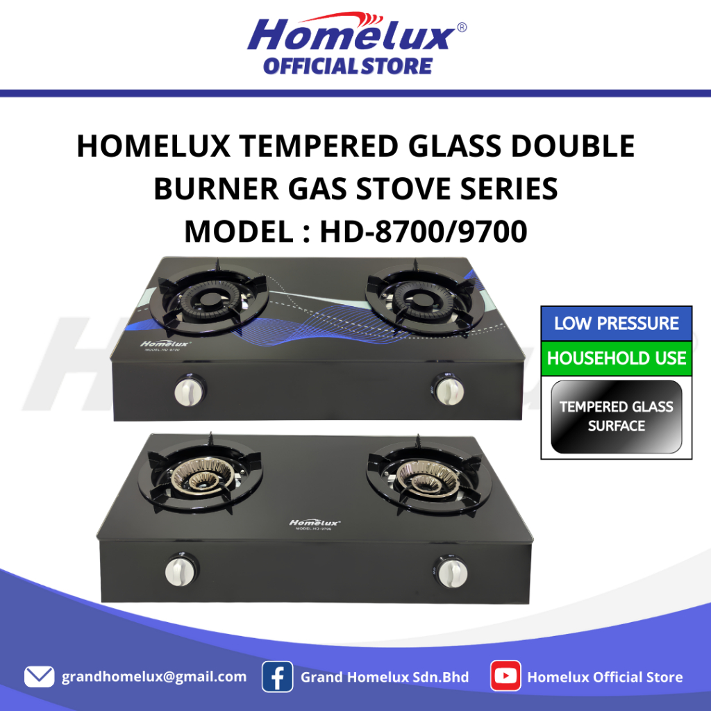 HOMELUX TEMPERED GLASS DOUBLE BURNER GAS STOVE SERIES HD-8700/HD-9700 ...