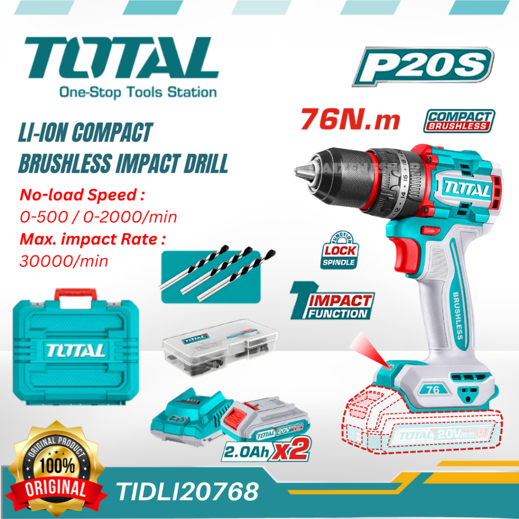 TOTAL TIDLI20768 P20S 20V Li-ion Compact Brushless Impact Drill 76NM ...