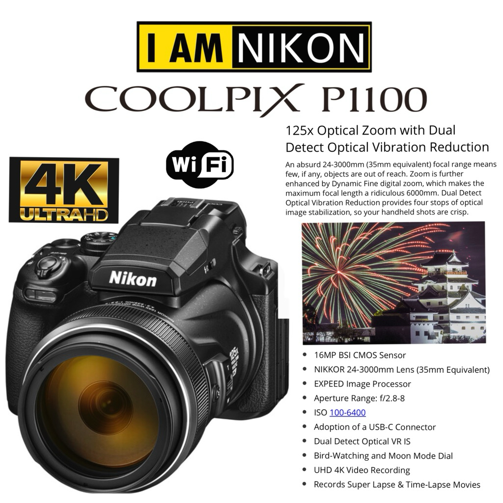 NIKON COOLPIX P1100 WIFI 4K UHD 125X OPTICAL ZOOM NIKON 24-3000MM LENS ...