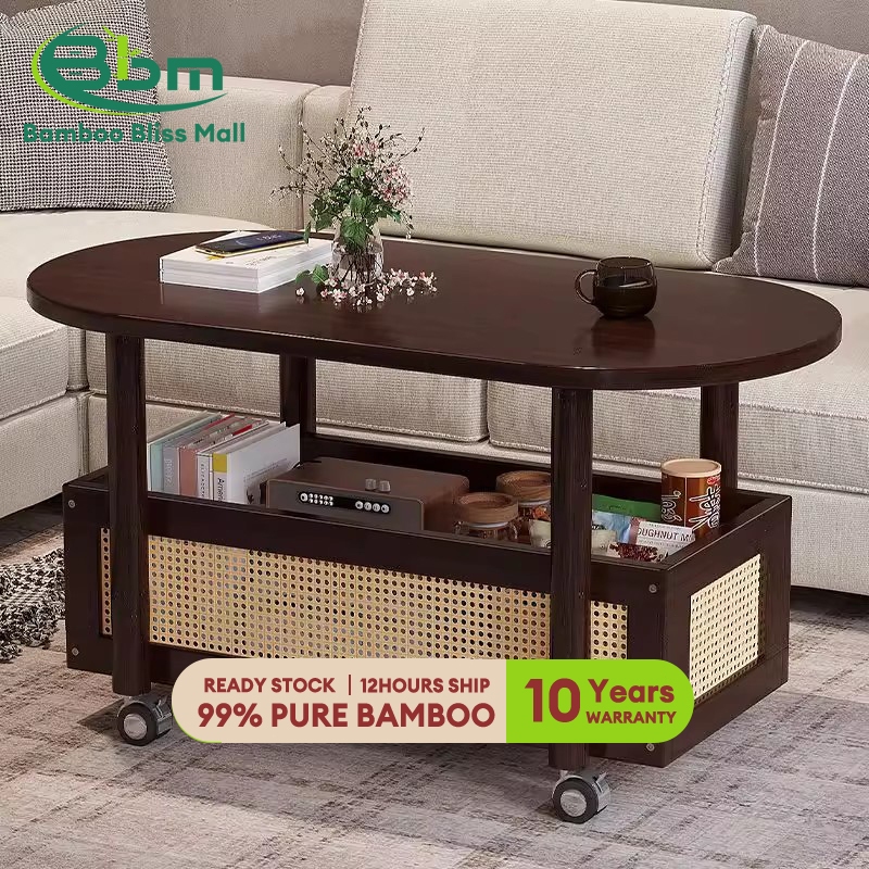 BBM Bamboo Coffee Table With Wheels Meja Kopi Sofa Side table 80/60CM ...