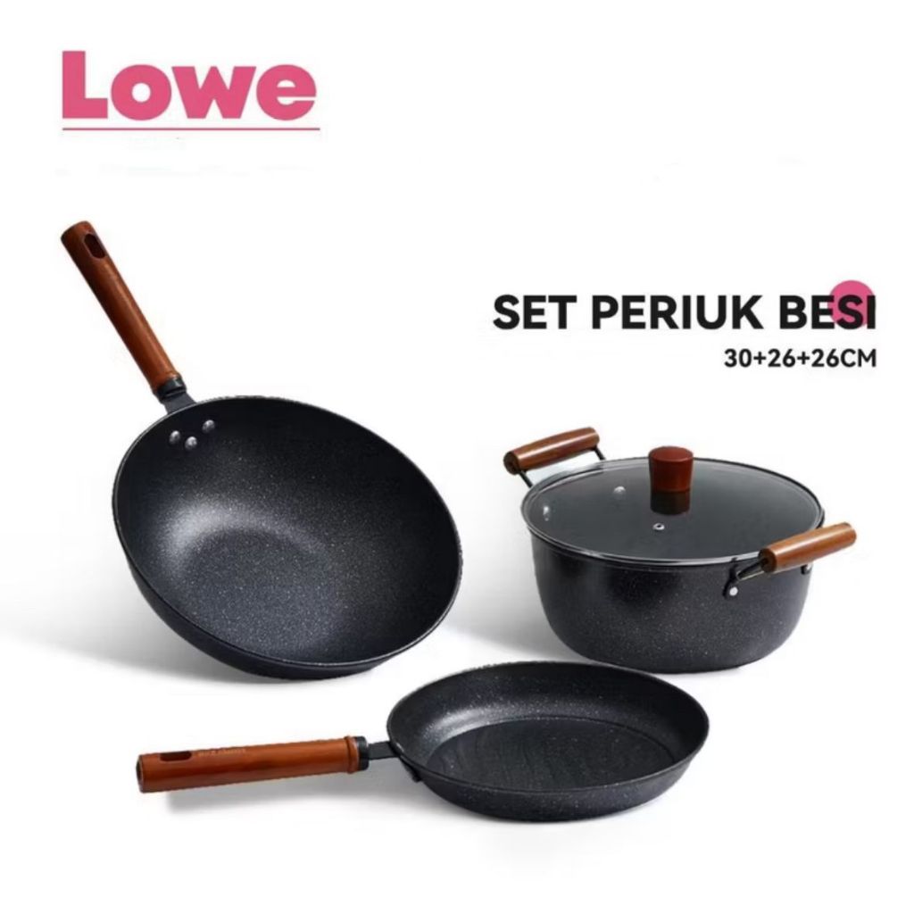 LOWE Cookware Iron Pan Set - Wok + Frying Pan + Stock Pot No Pfoa No ...