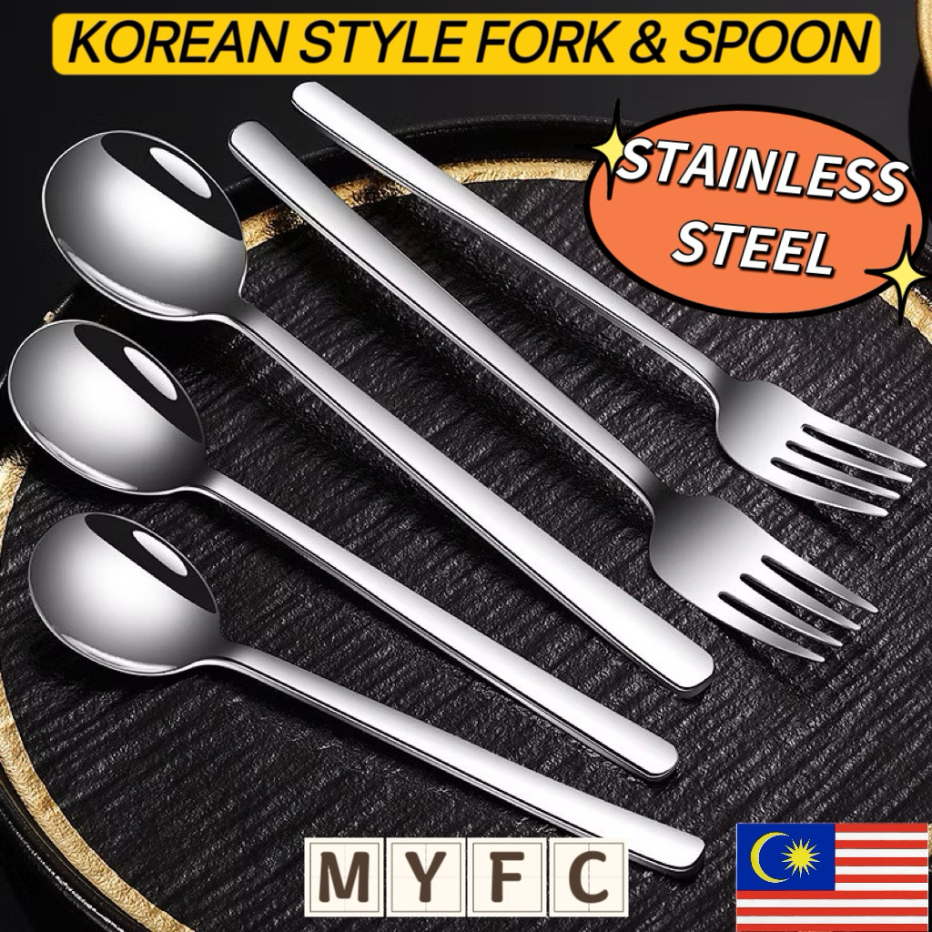 Korean Style Spoon Fork Long Handle Stainless Steel 韩国不锈钢餐勺餐叉长柄 勺子 叉子 ...