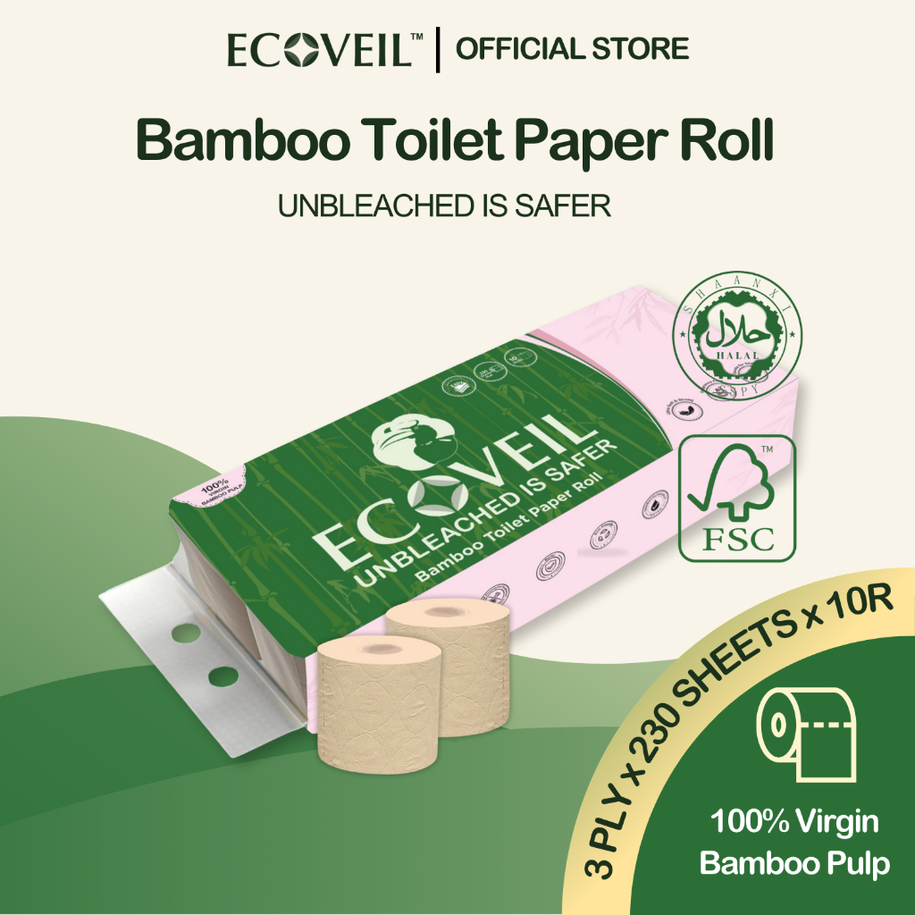 ECOVEIL (Halal) Unbleached Bamboo Toilet Paper 10 Rolls 3-Ply 230 ...
