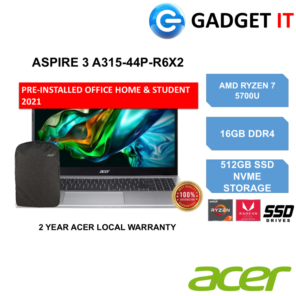 ACER ASPIRE 3 A315-44P-R6X2 LAPTOP (RYZEN 7 5700U,16GB,512GB,15.6"FHD AMD RADEON,WIN11)FREE ...