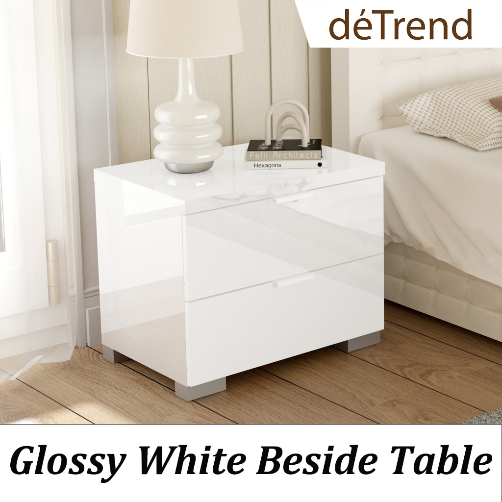 déTrend Glossy White Nightstand Stylish Side Table with 2 Drawers ...