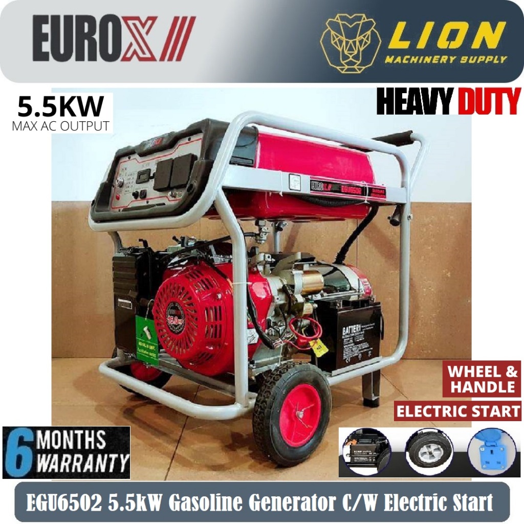 EUROX 5.5kW/5500W Gasoline Generator C/W Electric Start, Wheel & Handle EGU6502 - Heavy Duty - 6 ...