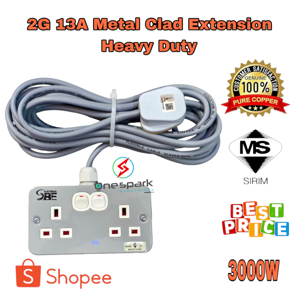 2 GANG EXTENSION HEAVY DUTY EXTENSION PORTABLE METAL CLAD #ONESPARK ...