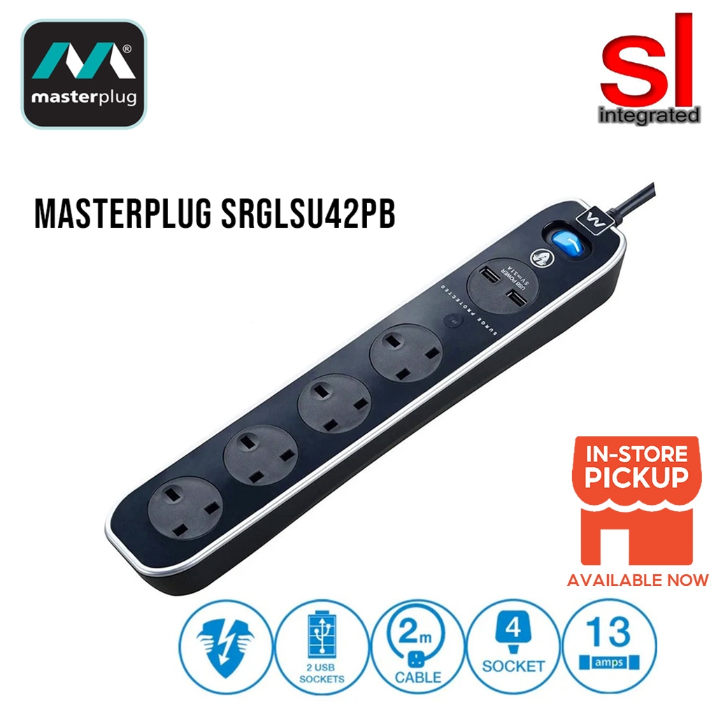 Masterplug Surge Protector 4 Gang 2 USB (3.1A) 2 Meter Extension Leads ...
