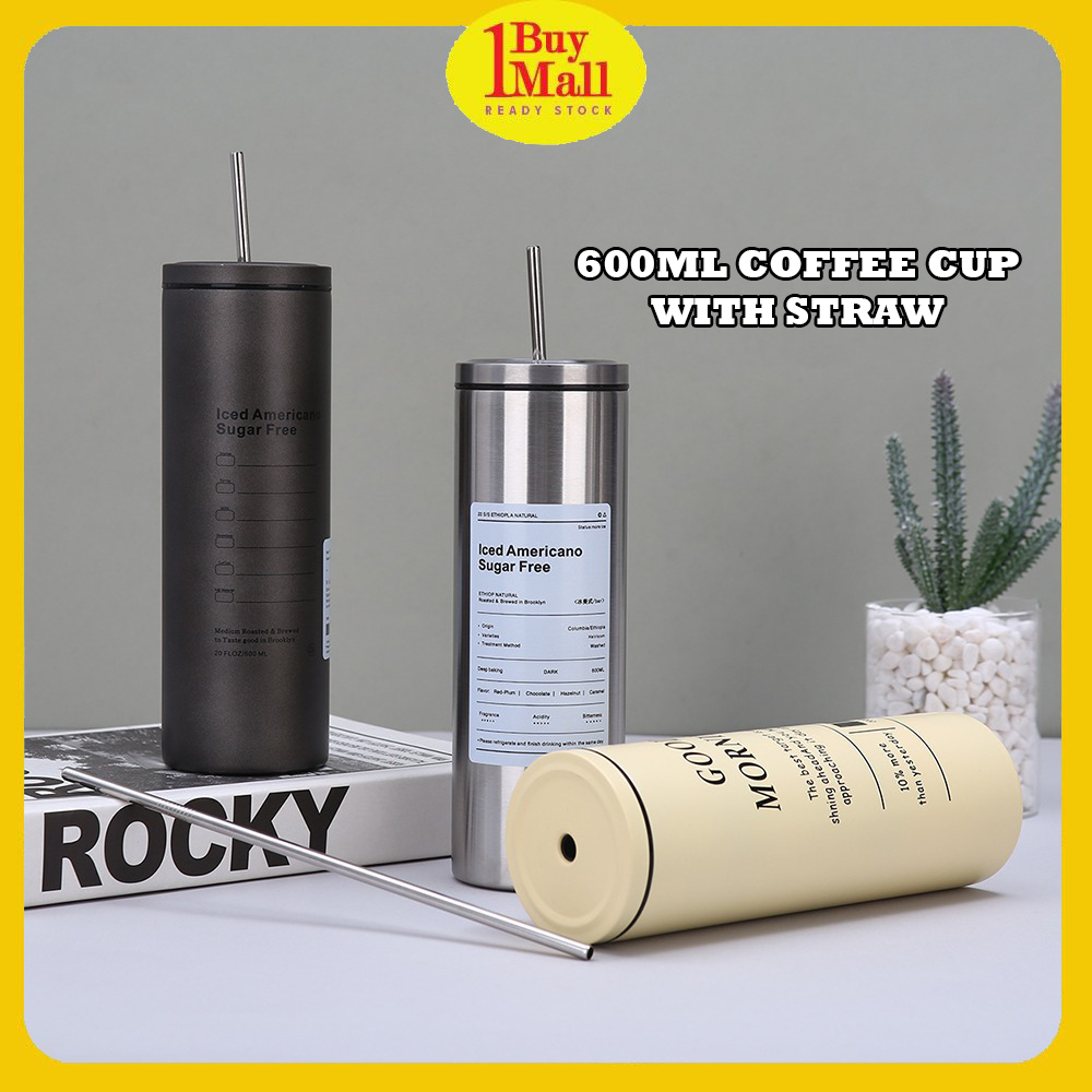 600ML Stainless Steel Coffee Americano with Straw Cup Ice Hot Thermos ...