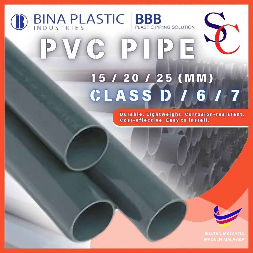 SC Bina Plastic Grey PVC Pipe 15MM (1/2") / 20MM (3/4") /25MM (1") Class D/6/7 | PVC Paip ...