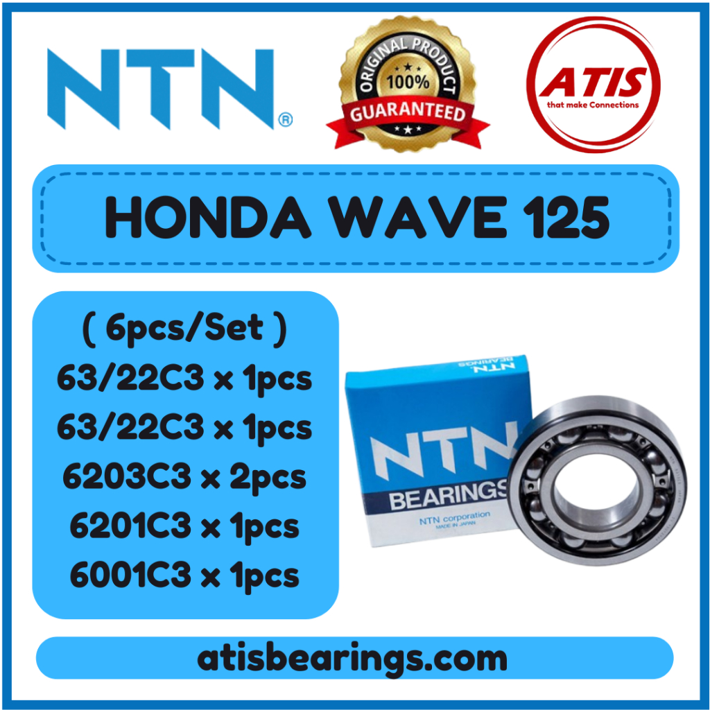 NTN HONDA WAVE 125 ( 6pcs/Set-C3 ) 100% ORIGINAL Motorcycle Engine Crankshaft Bearings 63/22C3 ...