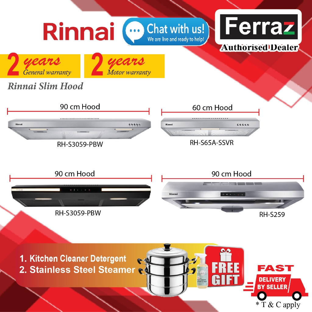 Rinnai RH-S95A-SSVR . RH-S3059-PBW, RH-S259-SSR-T, RH-S259-SSV-T 90cm Slim Hood / Rinnai RH-S65A ...