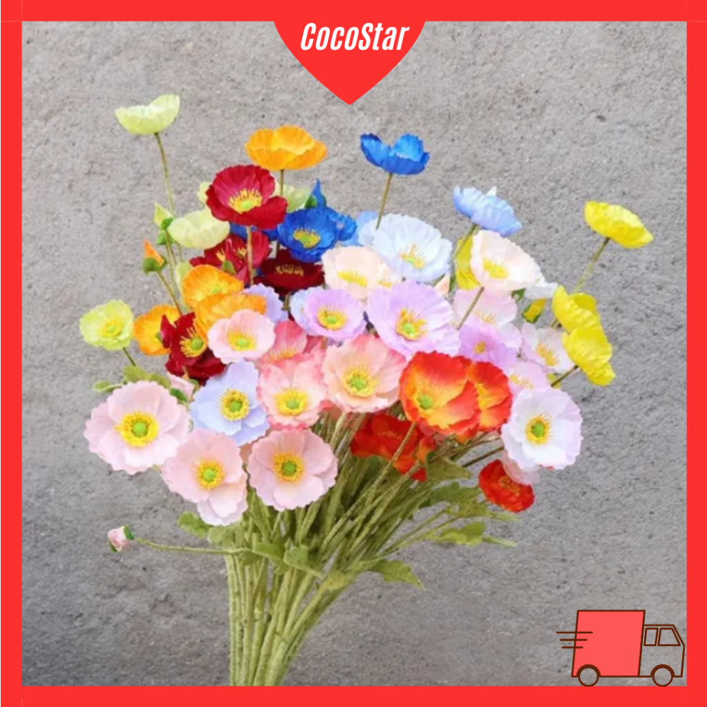CocoStar 4 Heads Realistic Poppy Flower Artificial Silk Flower Bunga ...