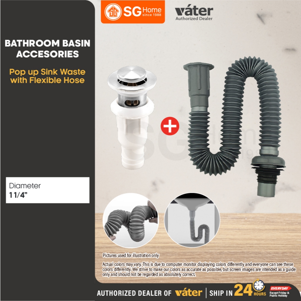VATER Bathroom Sink Basin Pop Up Waste 1 1/4'' + PVC Flexible Waste ...