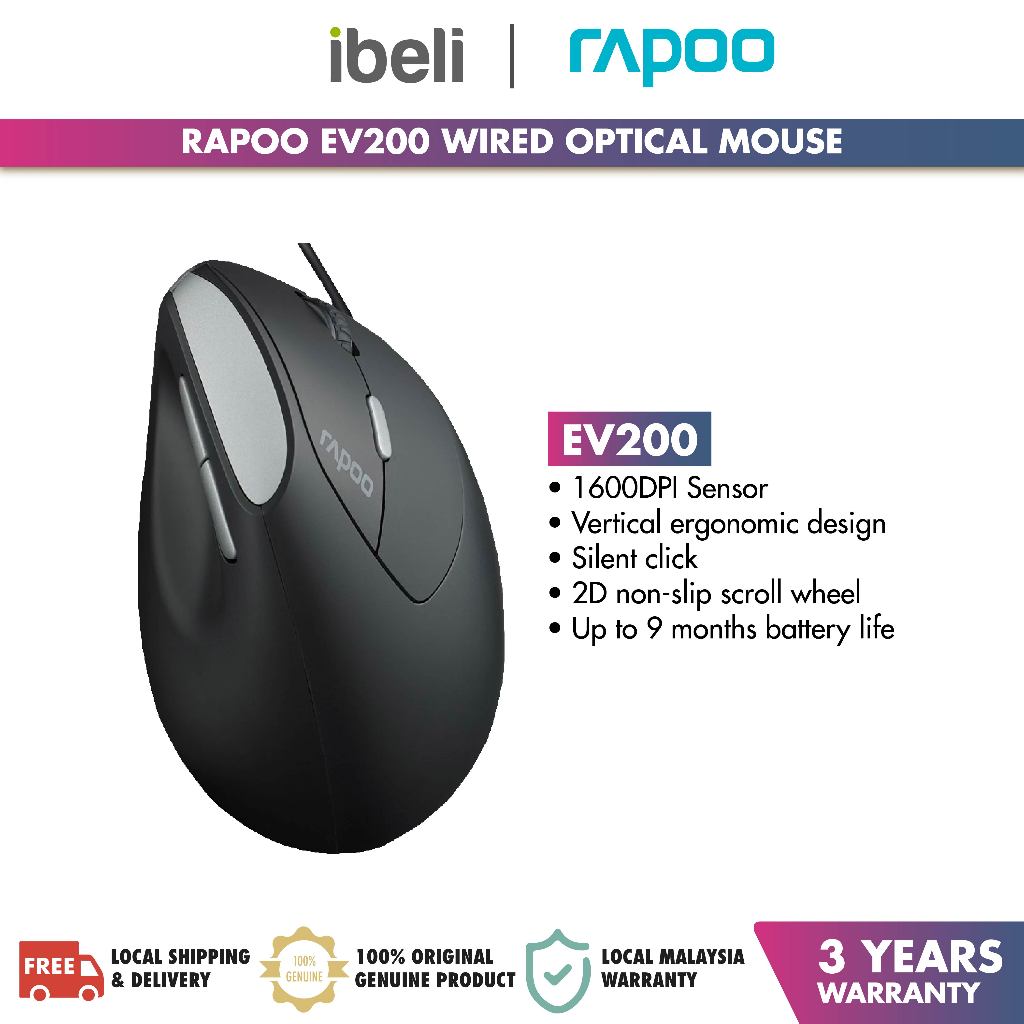 Rapoo EV200 Ergonomic Office Vertical Wired 1600 DPI Optical Mouse - 3 Years Warranty | Shopee ...