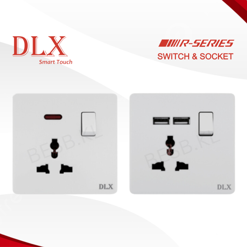 DLX Sockets R8233LS R8233LS/2USB 13A 1 Gang International Switch Socket with Neon with 2 USB ...