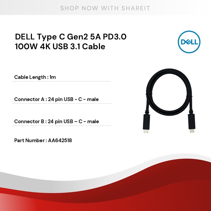 DELL Type C Gen2 5A PD3.0 100W 4K USB 3.1 Cable -AA642518 for laptop ...