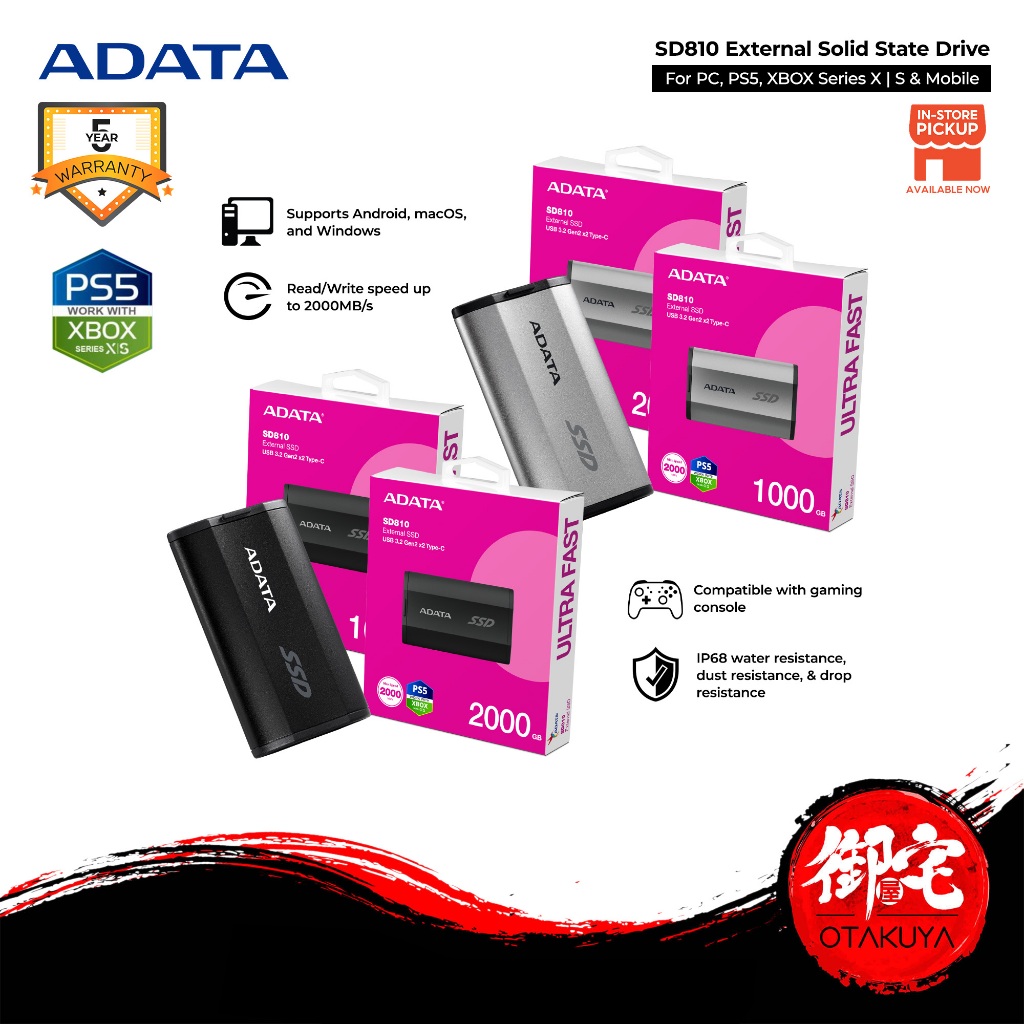 【5.25 SALE】ADATA SD810 External SSD USB3.2 Gen2 x2 Type C 1TB / 2 TB (5 Year Official Warranty ...