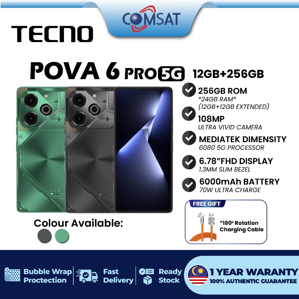 TECNO Pova 6 Pro 5G (LI9) Smartphone (24GB RAM + 256GB ROM) 6000mAh ...