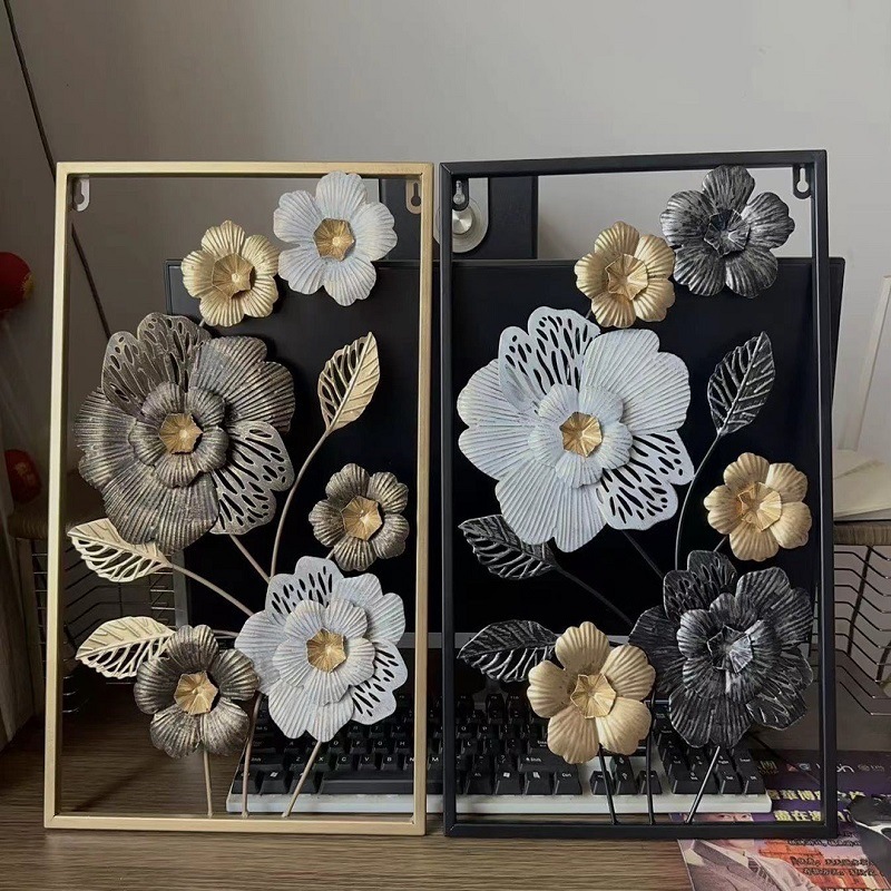 Hiasan Dinding Ruang Tamu Metal Frame Floral Black Gold White Colour ...