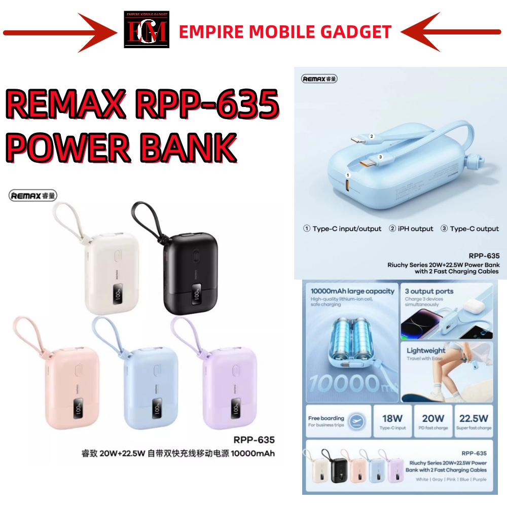 REMAX RPP-635 RIUCHY SERIES 10000mAh PD20W + QC22.5W POWER BANK WITH BUILD IN CABLE POWERBANK ...