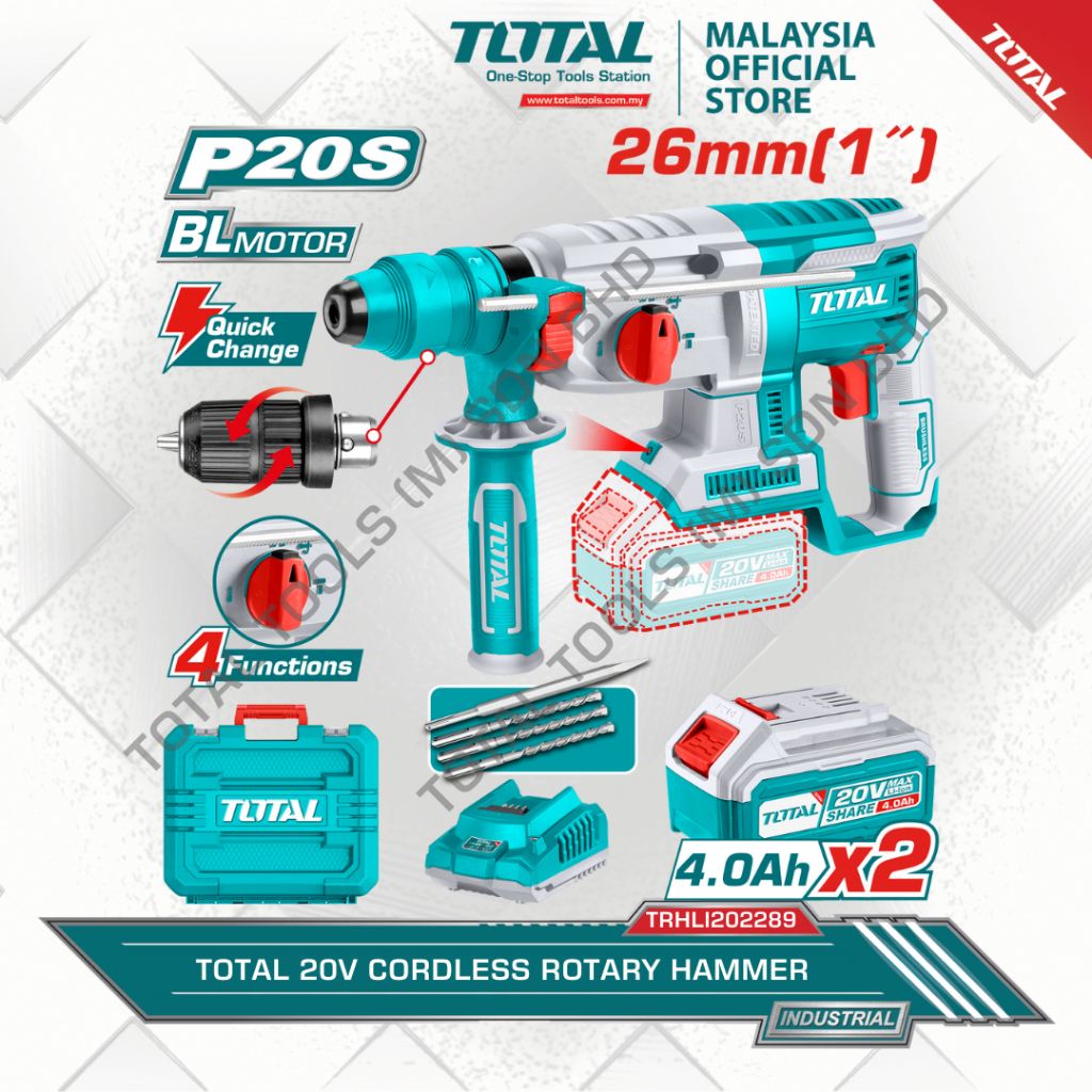 TOTAL P20S 20V LI-ION BRUSHLESS ROTARY HAMMER - TRHLI202289/TRHLI20228 ...