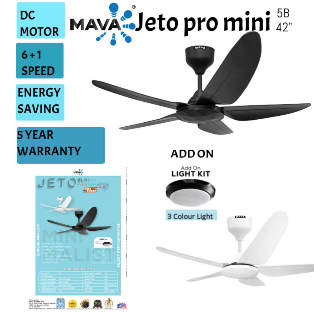 MAVA 42" JETO PROMINI SLIM CEILING FAN WITH REMOTE CONTROL / 5 BLADES ...