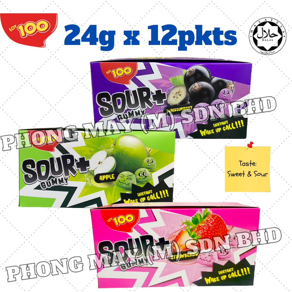 LOT100 SOUR GUMMY CANDY [24G*12PKTS] STRAWBERRY/ BLACKCURRANT/ APPLE ...