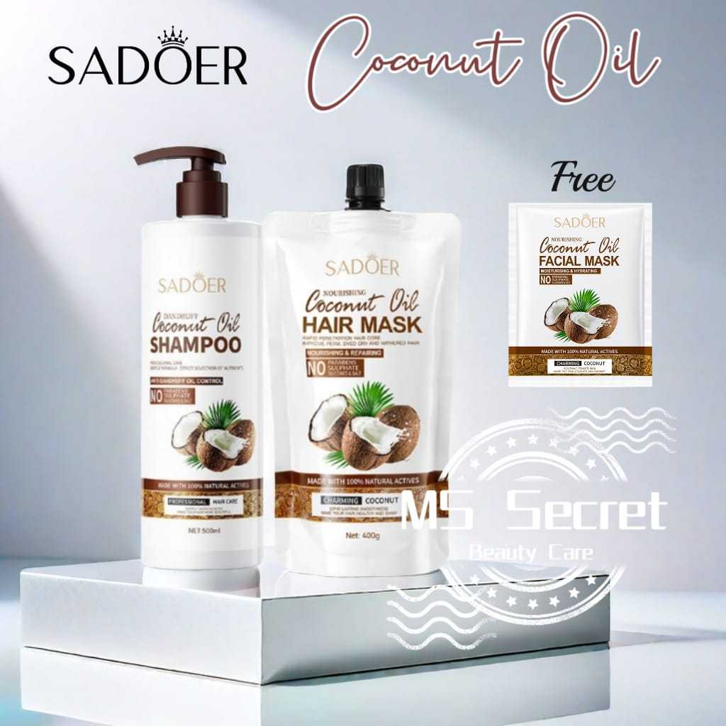 SADOER [Refill Pack] Nourishing Coconut Oil Shampoo & Hair Mask Set 500ml+400g*Free Coconut Face ...