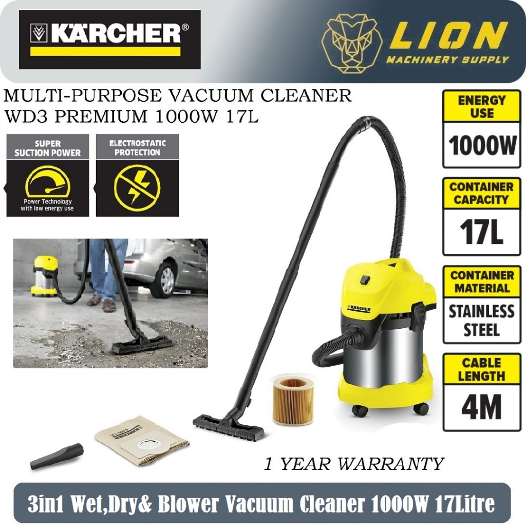 KARCHER WD3 Premium 17L Multi-Purpose (Wet, Dry & Blower) Vacuum Cleaner 1000W - Stainless Steel ...
