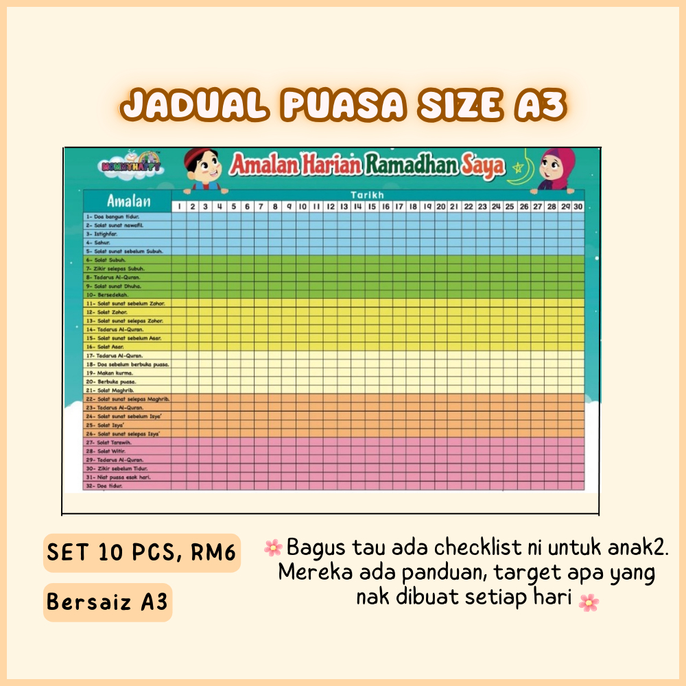 Jadual Puasa size A3 (10 PCS) Checklist Amalan Harian Ramadhan Komik ...