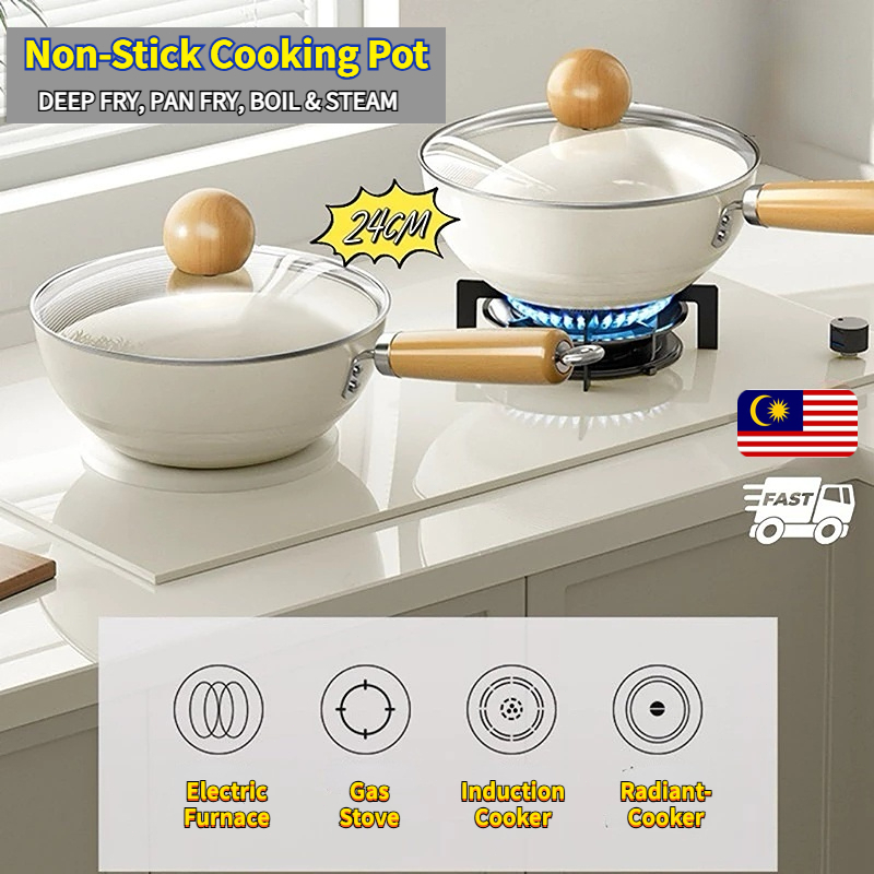 White Non Stick Pan, Frying Pan, Periuk Masak Pot Induction Gas Cooker ...