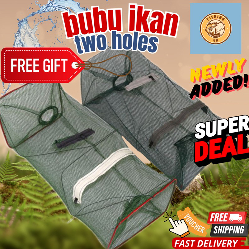 【2 holes】Bubu ikan/ Rectangular Folding Fishing Net Shrimp Cage Nylon ...