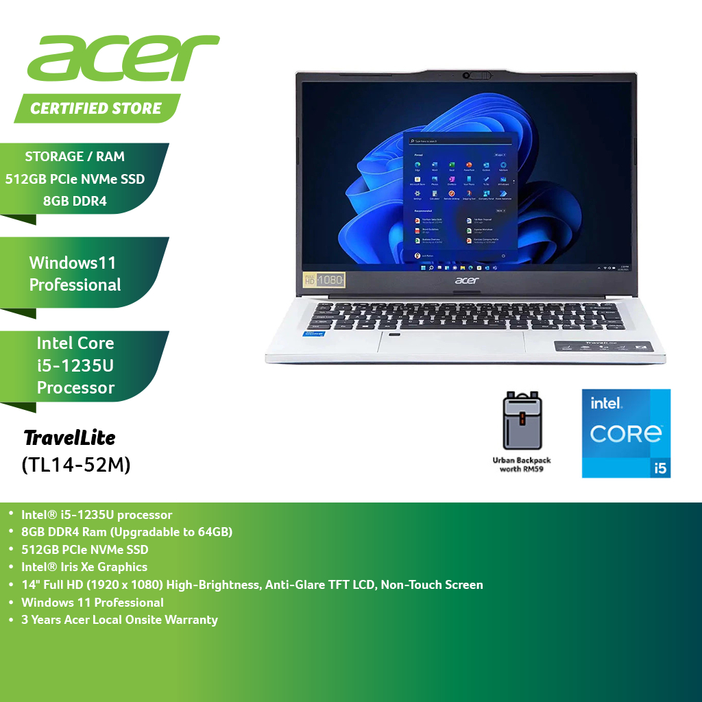 Acer TravelLite TL14-52M 14'' FHD Laptop ( i5-1235U, 8GB, 512GB SSD ...