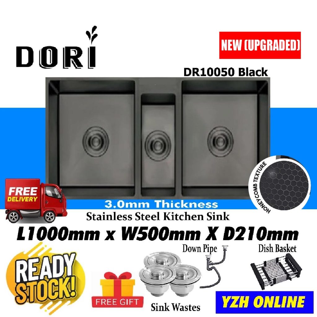 DORI Nano Kitchen Sink Triple Bowl 304 Stainless Steel Dapur Sinki 3 ...