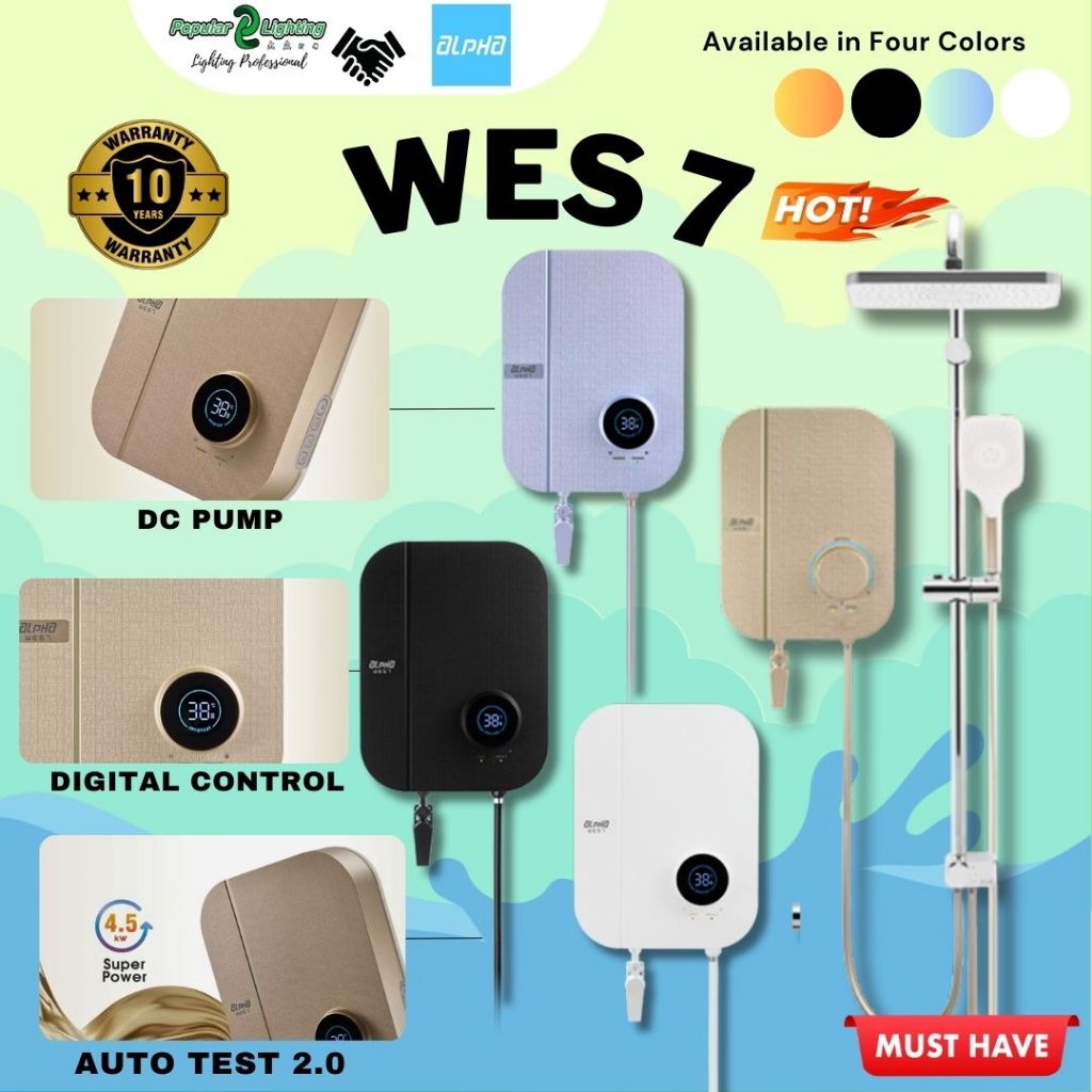 Alpha WES7 DIGITAL BASIC NEON RainShower Instant Water Heater with DC Pump No pump pemanas air ...