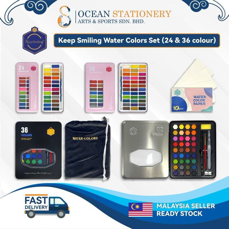 Keep Smiling 24/36 water colors set Artist Brush in the tin box ...