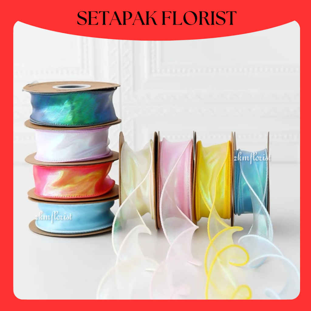 (9M) 4CM HOLOGRAM Ribbon Reben Riben Gift Satin Flower Bouquet Happy ...