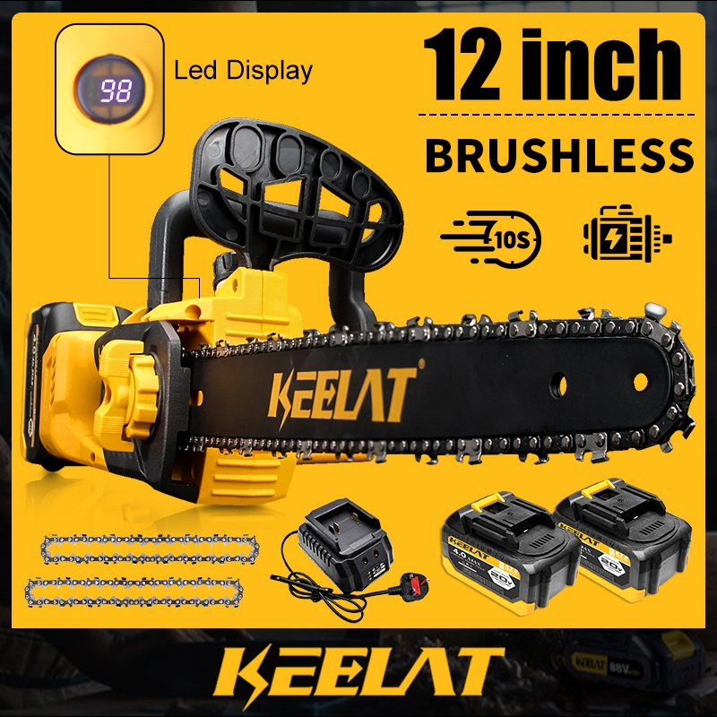 KEELAT KEC009 Cordless Chainsaw Battery 12/6 inch Chain Saw Tree Cutter Gergaji Elektrik ...