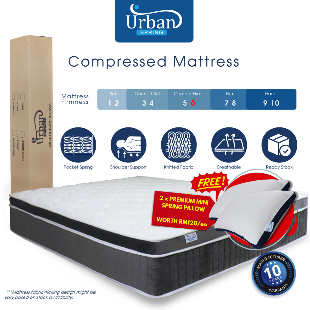 URBAN SPRING Mattress - QUEEN 10" Compressed Mattress Pocket Spring ...