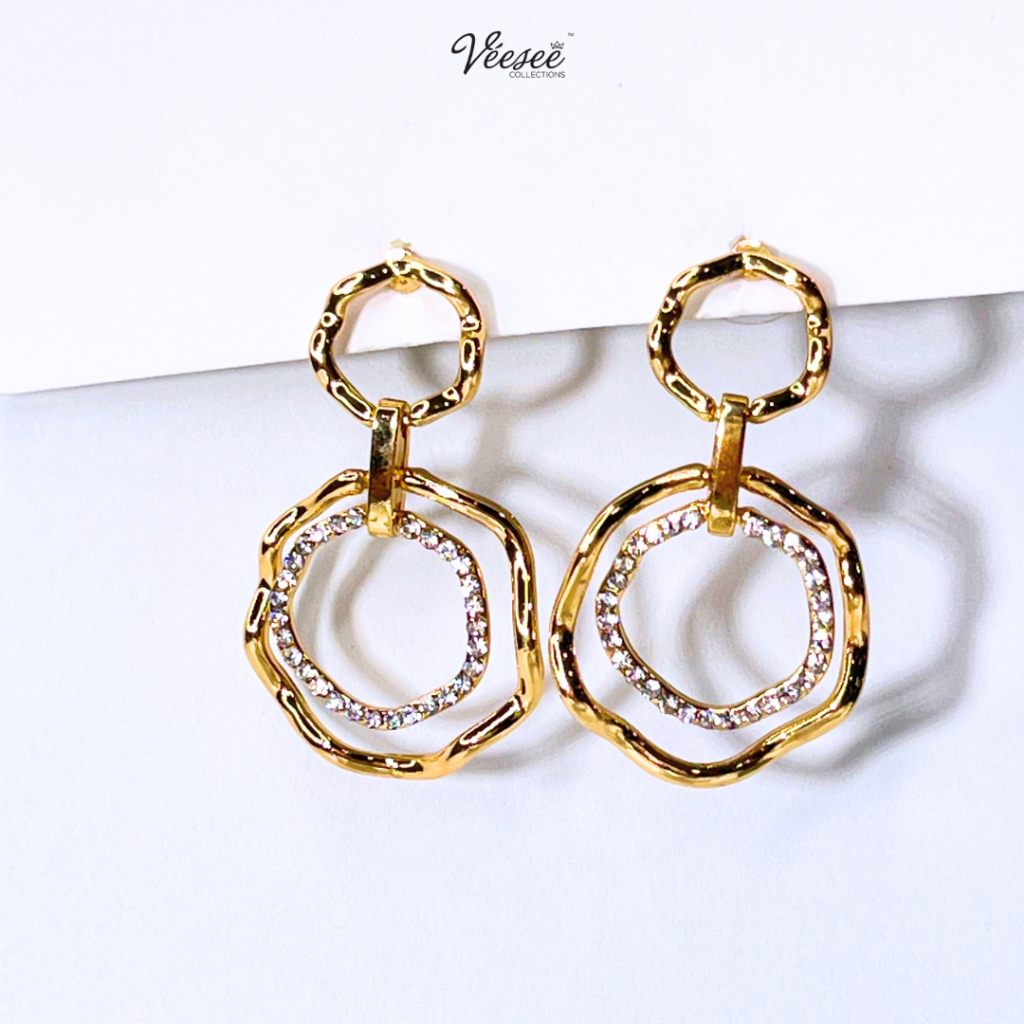 Veesee Elegant Korean Gold Circle Ring Curve With Rhinestones Stainless ...