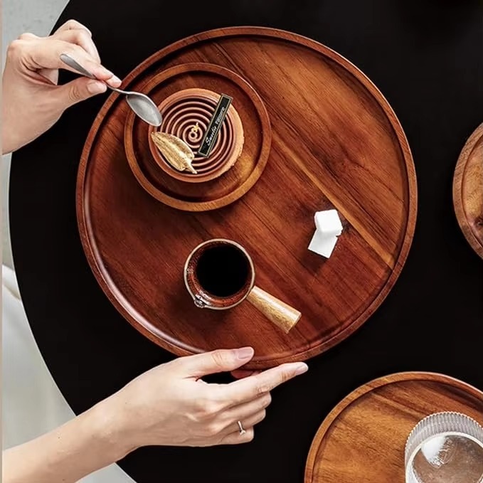 Round Tea Tray Sustainable Wooden Plate Dish for Cafe Dessert and Cake ...