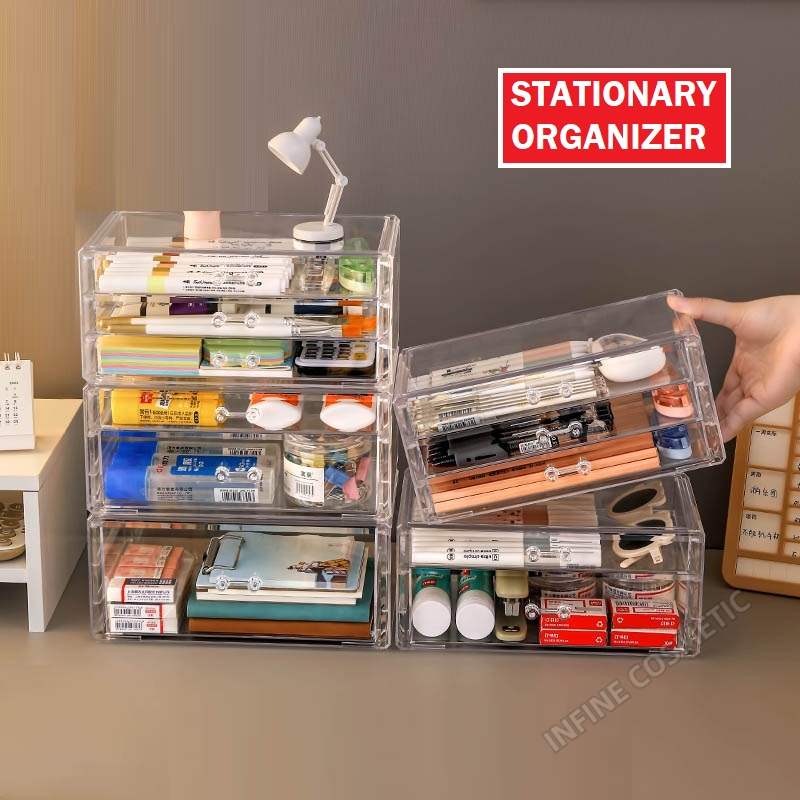 Stationary Organizer Storage Box Drawer Office Transparent Stackable ...